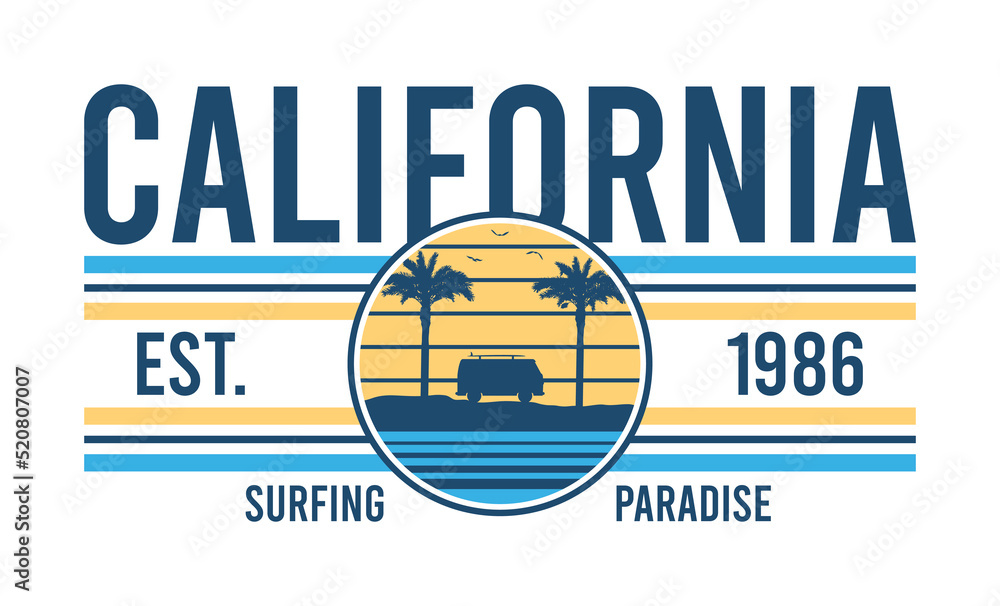 California surfing t-shirt design. Tee shirt design with surfing bus ...