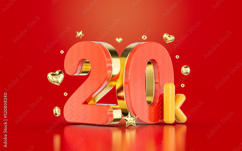 red golden number 20k twenty thousand social media followers ...