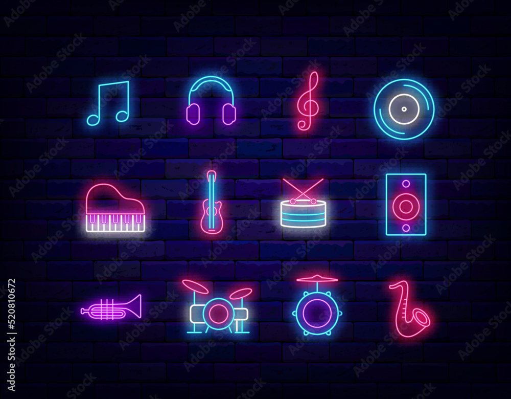 Music neon icons collection. Notes, headphones and musical instrument ...