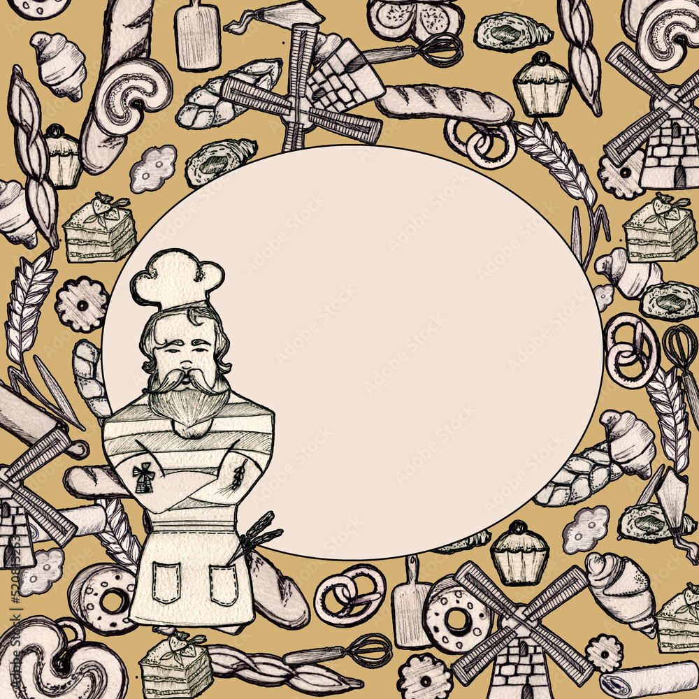 Vintage Bakery hand drawn doodle frame background with cook figurine ...