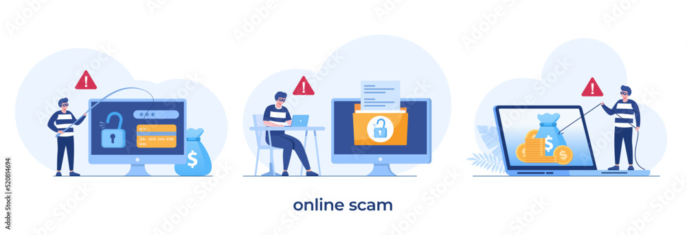 Online Scam, Phishing, Hacker Attack Concept. Hackers Stealing Personal Data. Internet Security ...