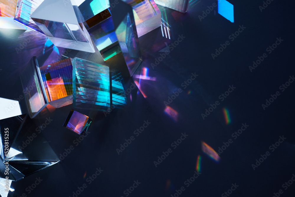 Geometric figures prisms with light diffraction of spectrum colors and ...