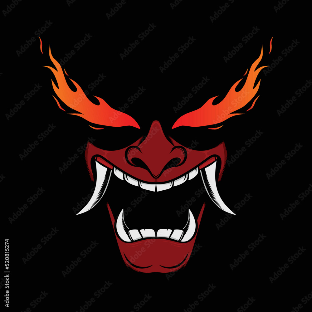Oni Traditional Japanese Demon Mask with Fire in Eyes Illustration ...
