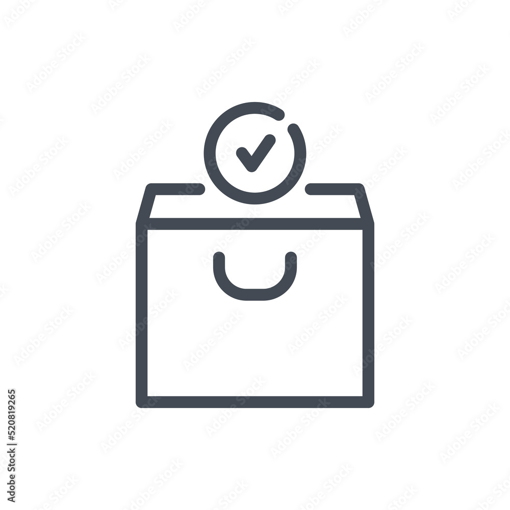 Shopping bag with check mark in circle line icon. Purchase confirmation ...