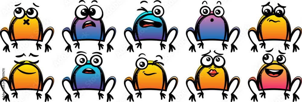 Various Cartoon Toads Set. Doodle faces, eyes and mouth. Caricature ...