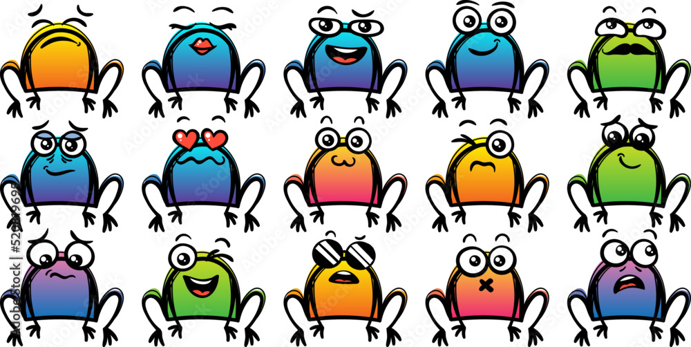 Various Cartoon Toads Set. Doodle faces, eyes and mouth. Caricature ...