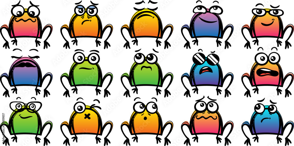 Various Cartoon Toads Set. Doodle faces, eyes and mouth. Caricature ...