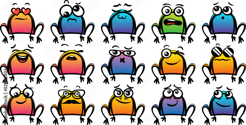 Various Cartoon Toads Set. Doodle faces, eyes and mouth. Caricature ...