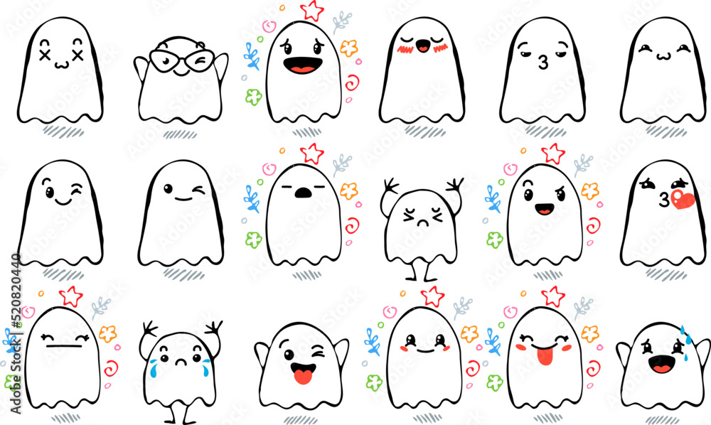 Set of Various Cartoon Ghosts with Emoticons. Doodle ghouls, eyes and ...
