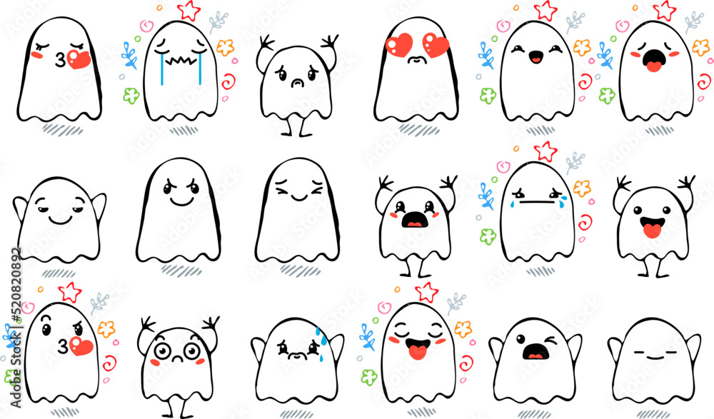 Set of Various Cartoon Ghosts with Emoticons. Doodle ghouls, eyes and ...