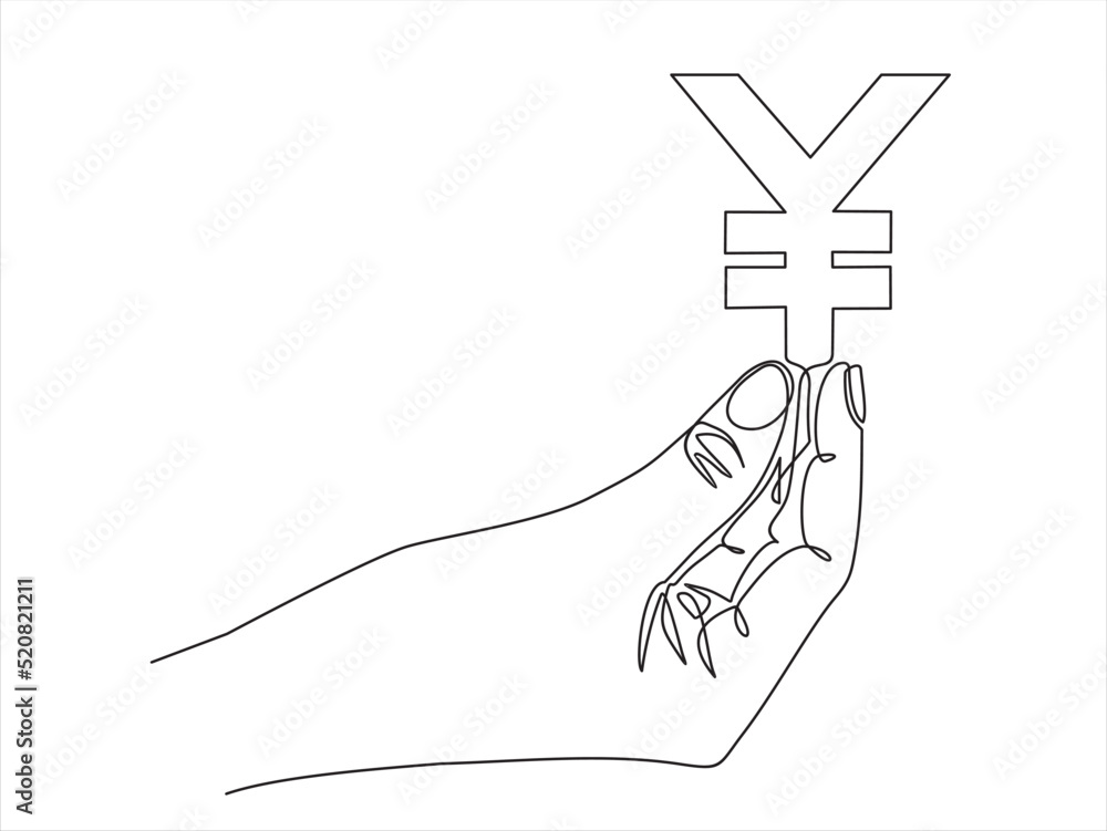 Continuous one line drawing of hand picking Chinese yuan sign. Thin ...