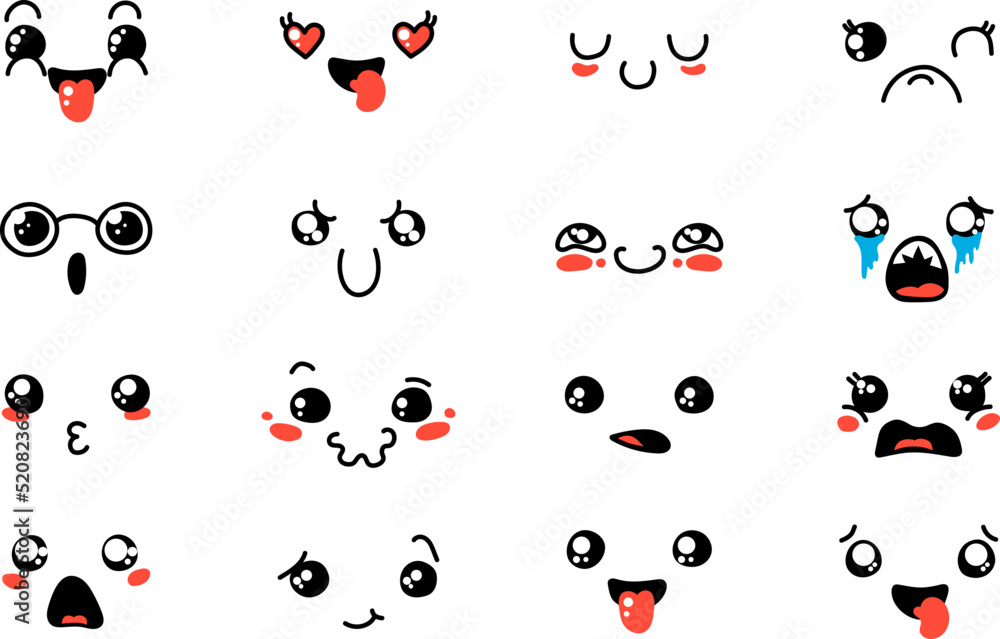 Various Cartoon Emoticons Set. Doodle faces, eyes and mouth. Caricature ...