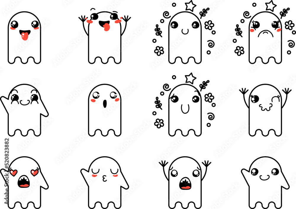 Set of Various Cartoon Ghosts with Emoticons. Doodle ghouls, eyes and ...
