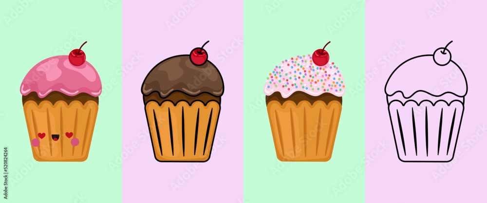 Clipart Cupcake Multicolored and Black and White. Cute Clip Art Cake ...