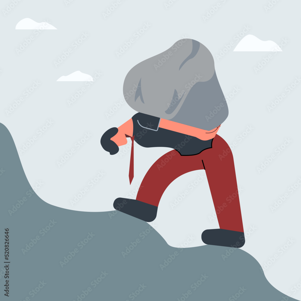 a businessman carrying a boulder on his back. a man walking up a hill ...