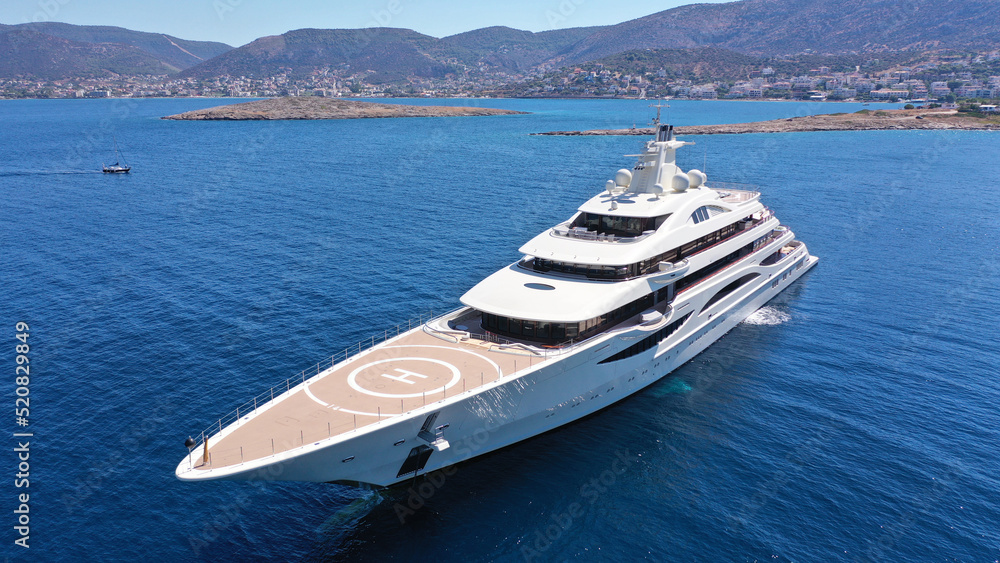 Aerial drone top down photo of luxury mega yacht with wooden deck and ...