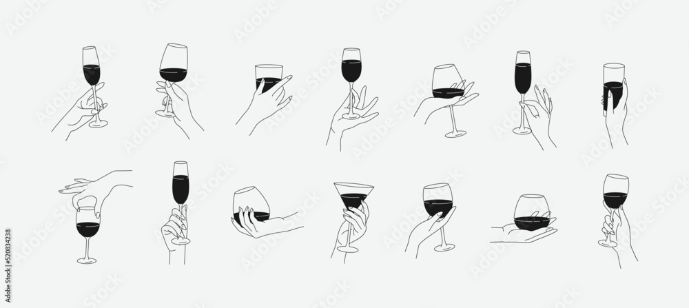 Collection of different woman hands gestures hold wineglass or drink ...