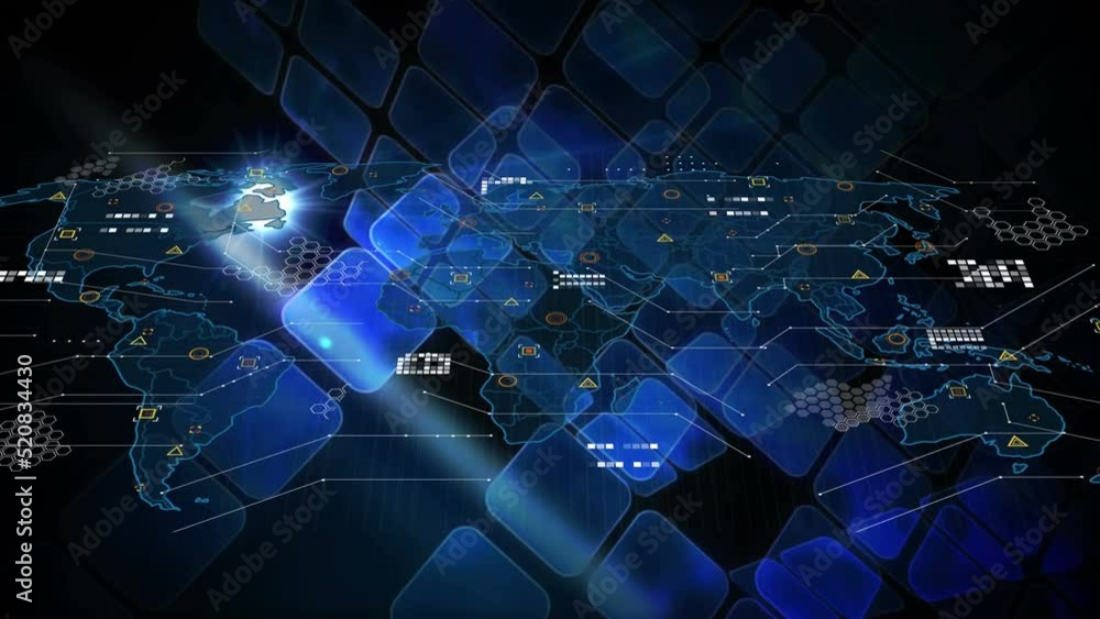 Animation of digital square shapes moving in loop and map with symbols ...