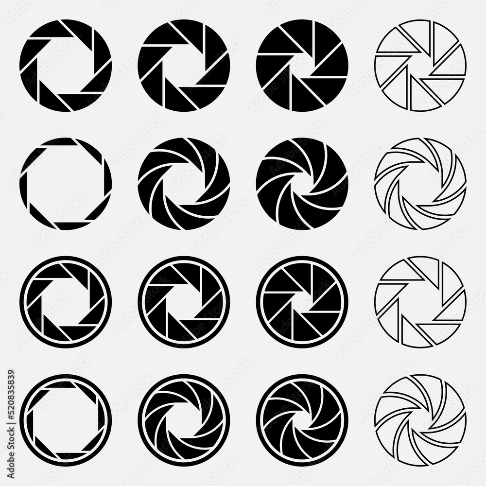 Set of isolated symbols of camera lens apertures, photo lens aperture ...