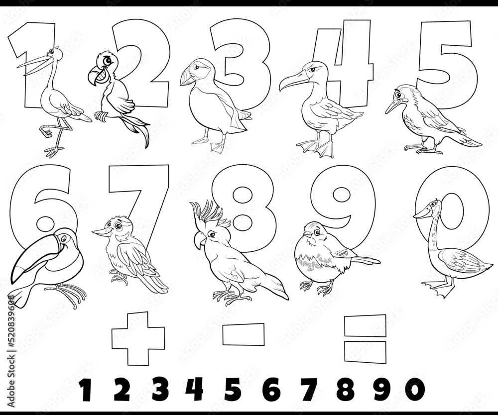 educational numbers set with cartoon birds coloring page Stock Vector ...