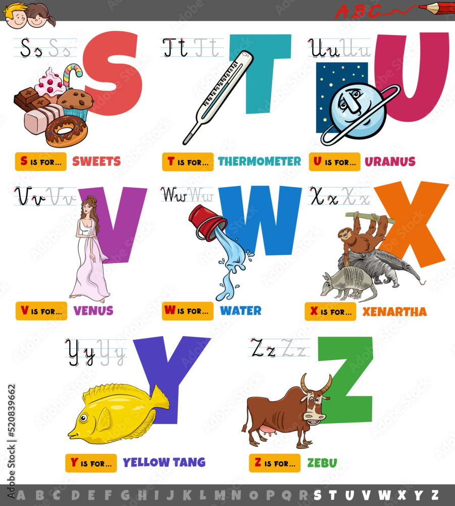 educational cartoon alphabet letters for children set from S to Z Stock ...