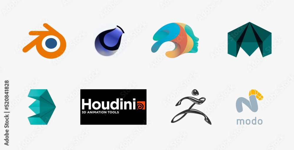 Vetor de Most popular 3D modelling software logo: Maya, Blender, ZBrush ...