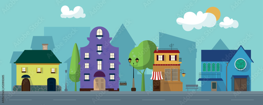 Vector illustration of a beautiful fabulous city. Cartoon urban ...