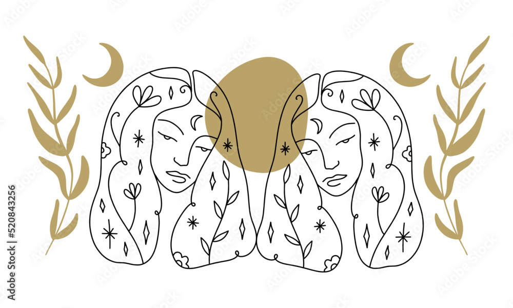 Witch Gemini Twins Zodiac line art symbol. Witchcraft sacred moon magic ...