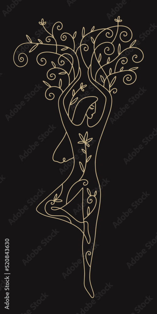 Divine plant tree growth Vrksansana yoga pose body woman illustration ...