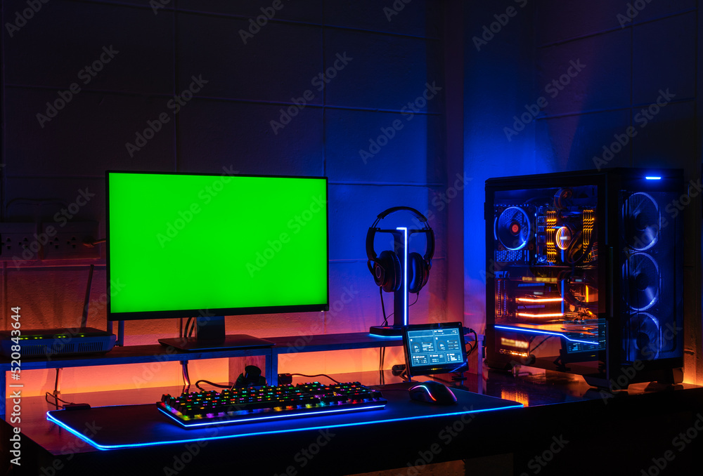 High-End Computing gaming set monitor green screen with screen showing ...