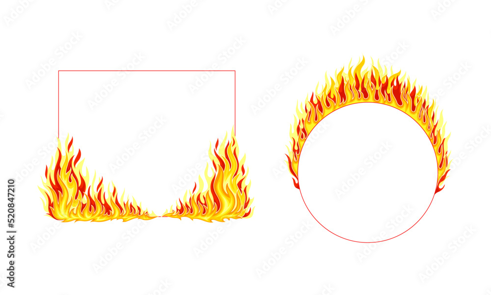 Fire Round and Rectangular Frame with Hot Burning Tongue of Flame and ...
