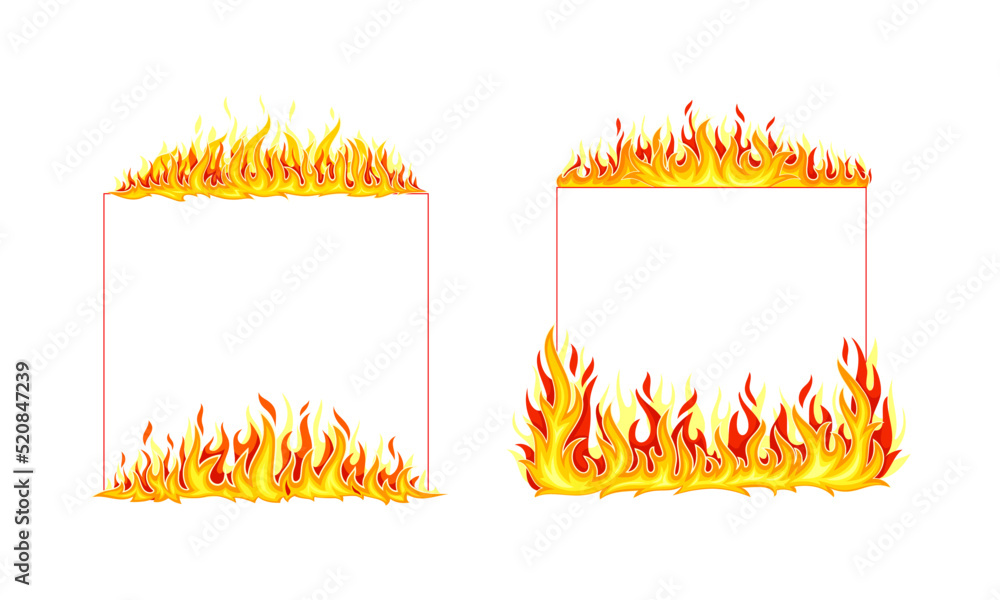 Fire Frame with Hot Burning Tongue of Flame and Border Line Vector Set ...