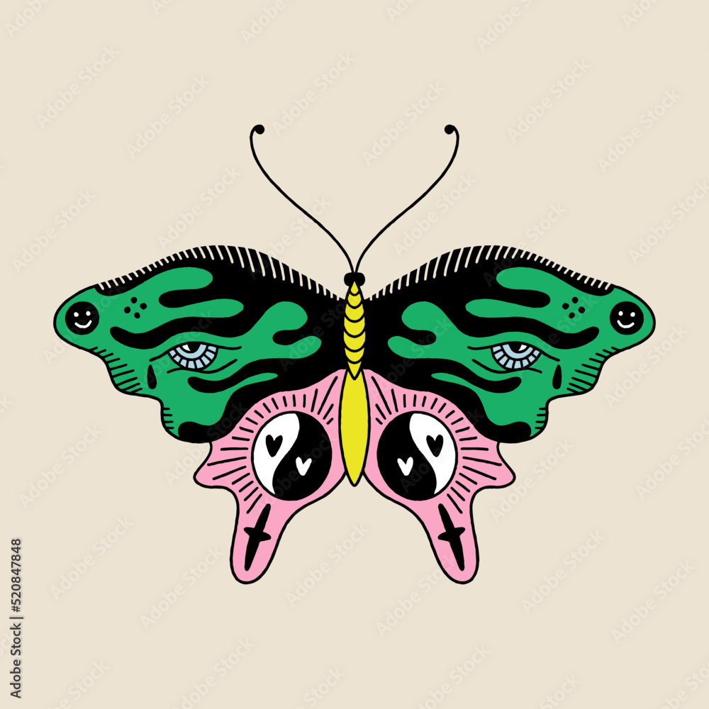 Hippie bohemian groovy funky butterfly in 1960s boho psychedelic style ...