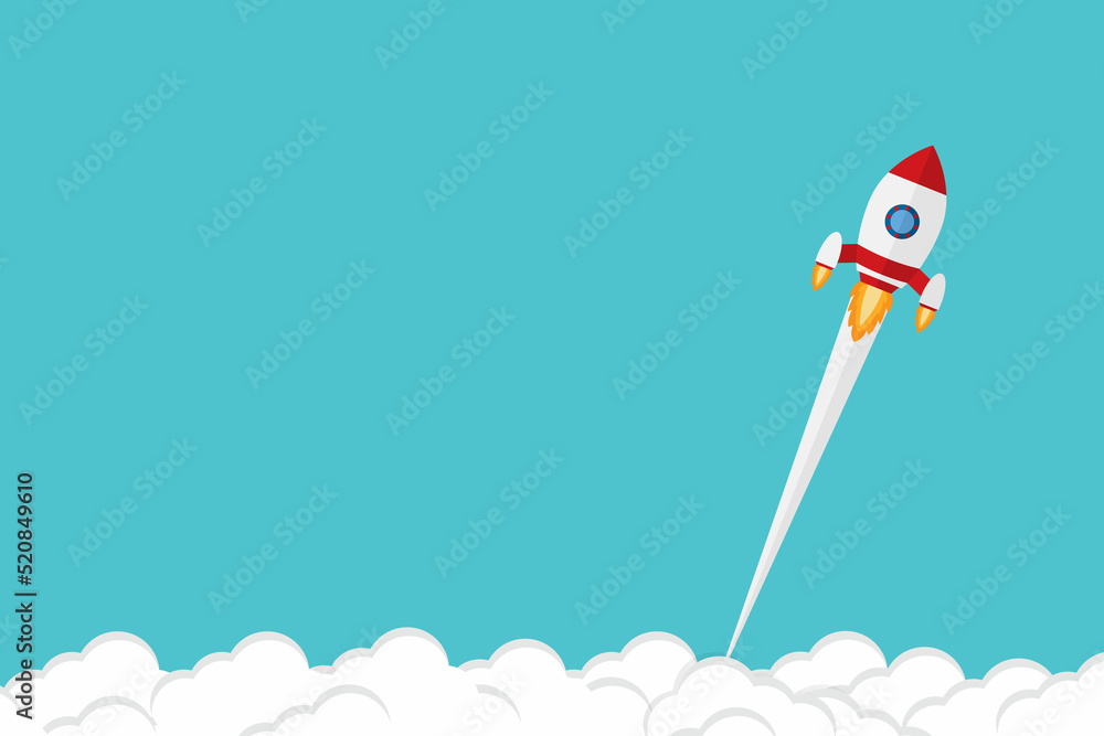 App launch. Startup vector concept, flat cartoon rocket or rocketship ...