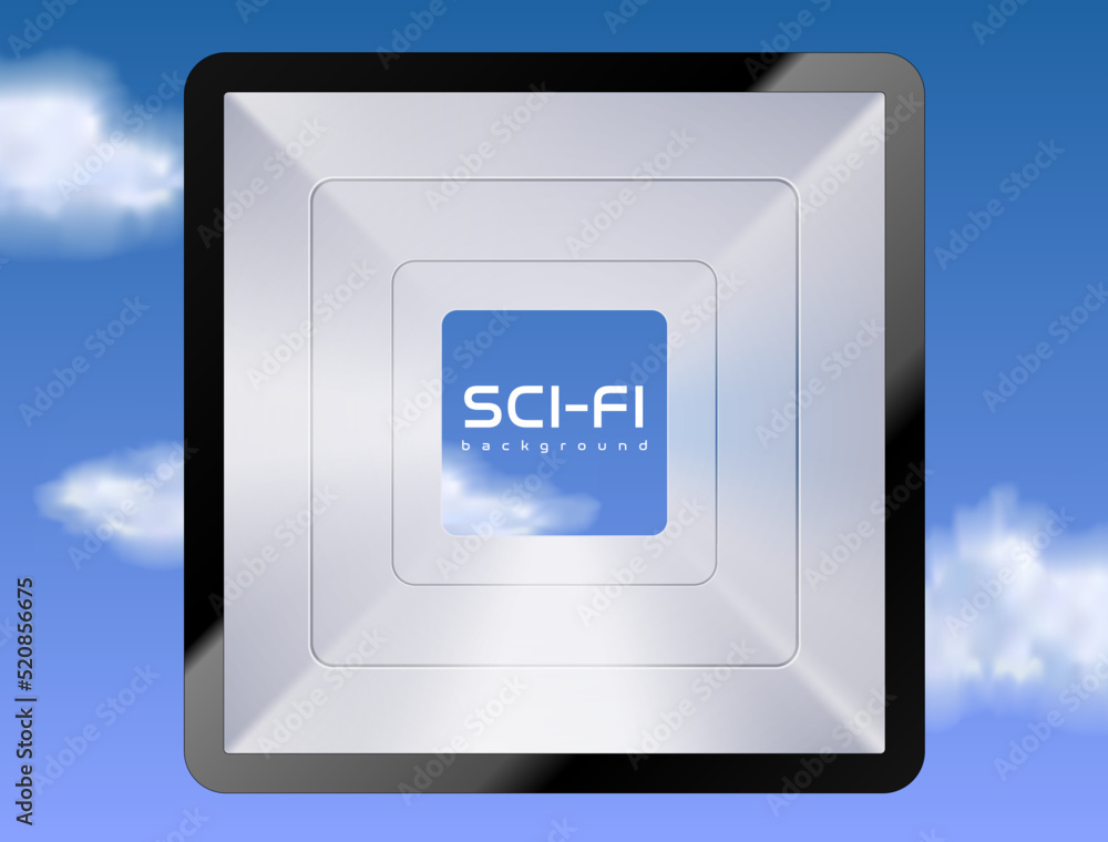 White square tunnel with glossy black edge frame on cloud blue sky ...