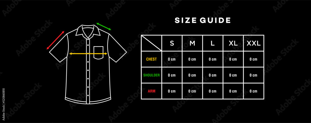 size guide vector on black background. short sleeve shirt with button ...
