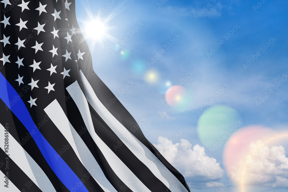 American flag with police support symbol Thin blue line on blue sky ...