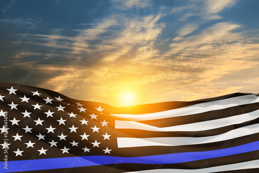 American flag with police support symbol Thin blue line on sunset sky ...