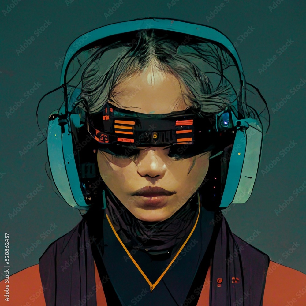 Portrait of a futuristic cyberpunk warrior wearing cyber glasses. A ...