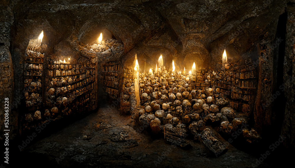 Environment with medieval catacombs with covered floors, with torches ...