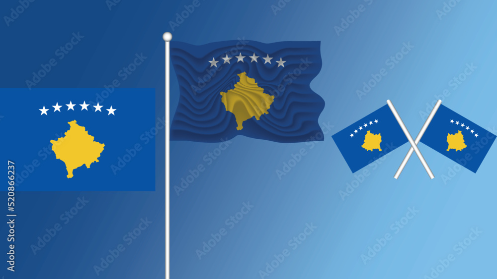 Waving Flag Of Kosovo On The Blue Gradient Background With Wind