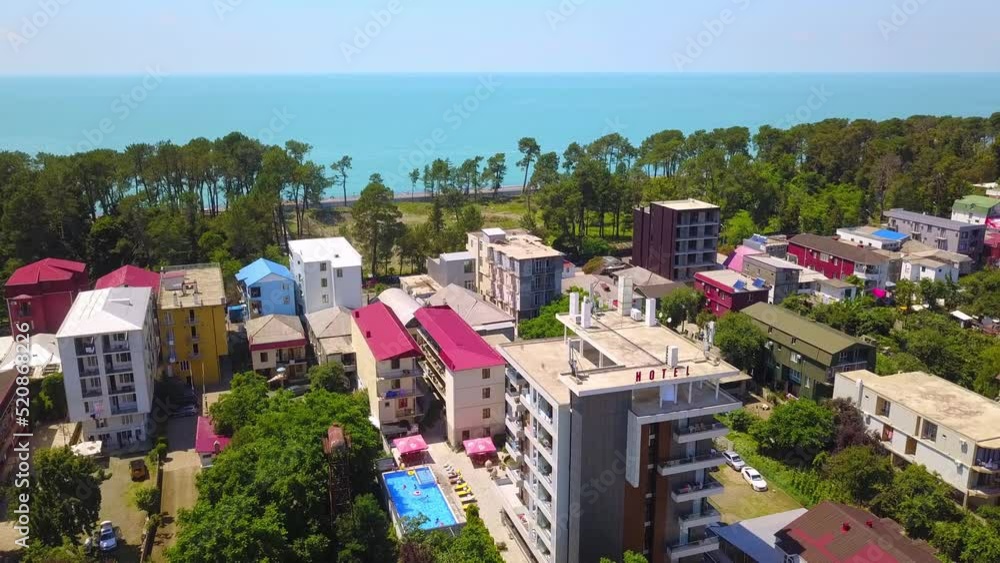 Drone view of town of Kobuleti on Black Sea coast on sunny spring day ...