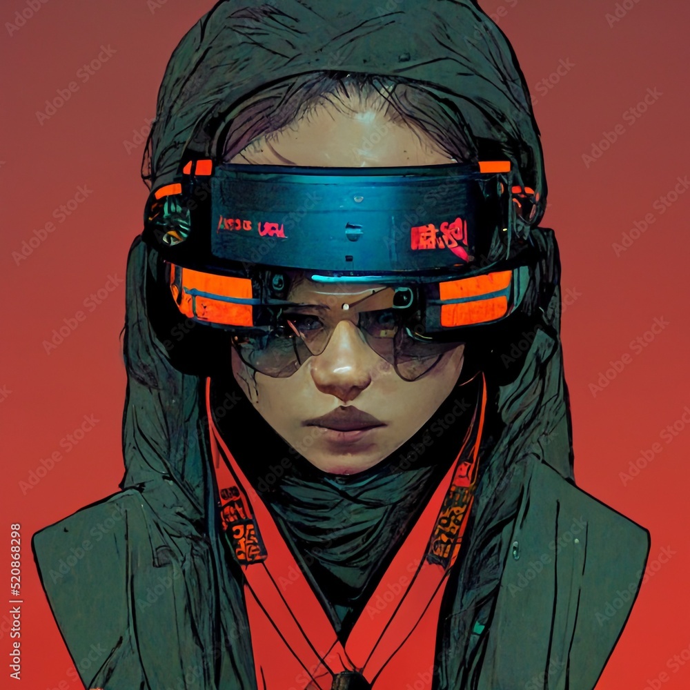 Portrait of a futuristic cyberpunk warrior wearing cyber glasses. A ...