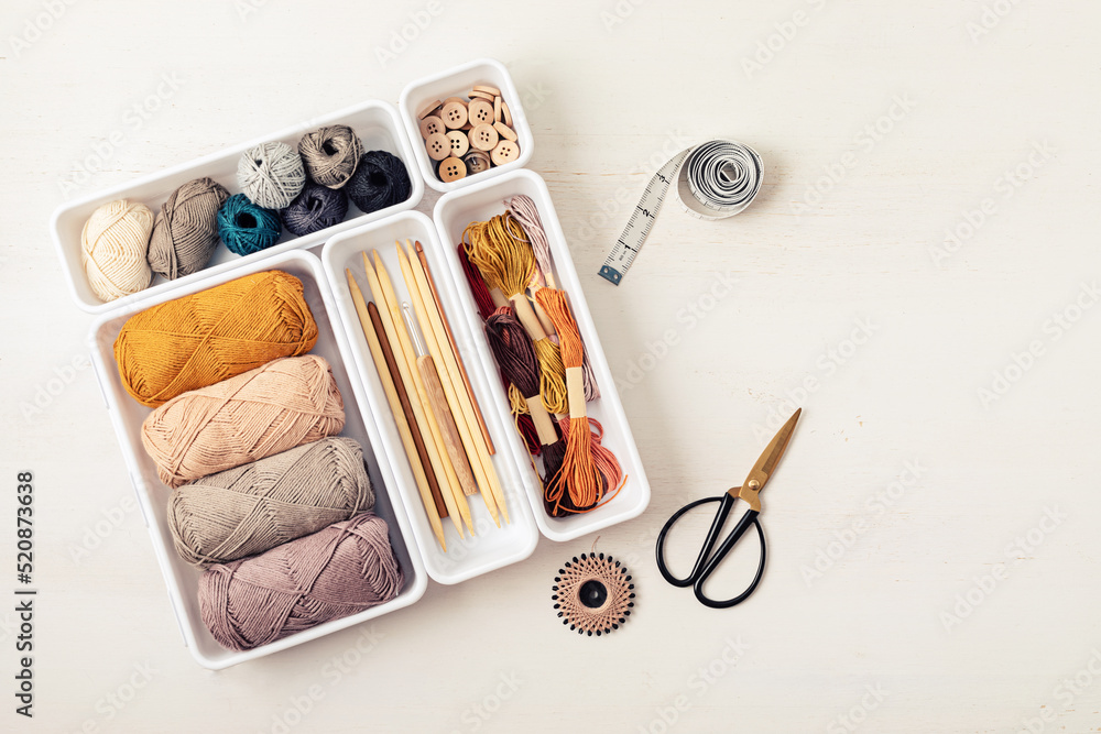 Craft hobby background with yarn in natural colors. Recomforting hobby ...