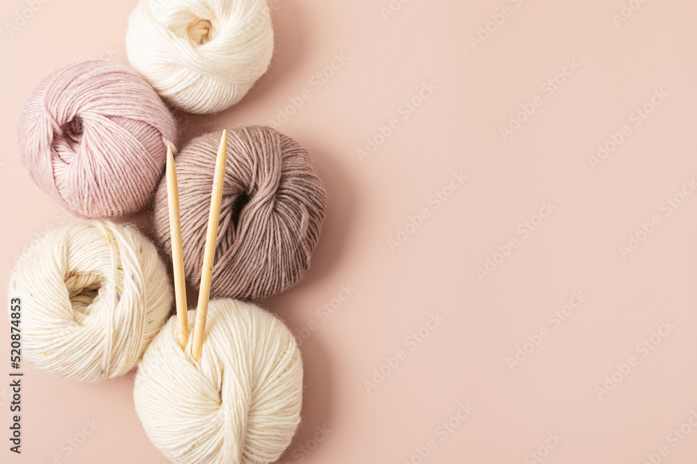 Craft hobby background with yarn in natural colors. Recomforting hobby ...