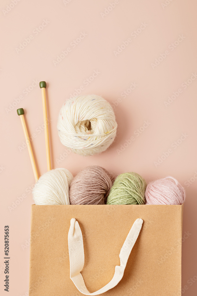 Craft hobby background with yarn in natural colors. Recomforting hobby ...