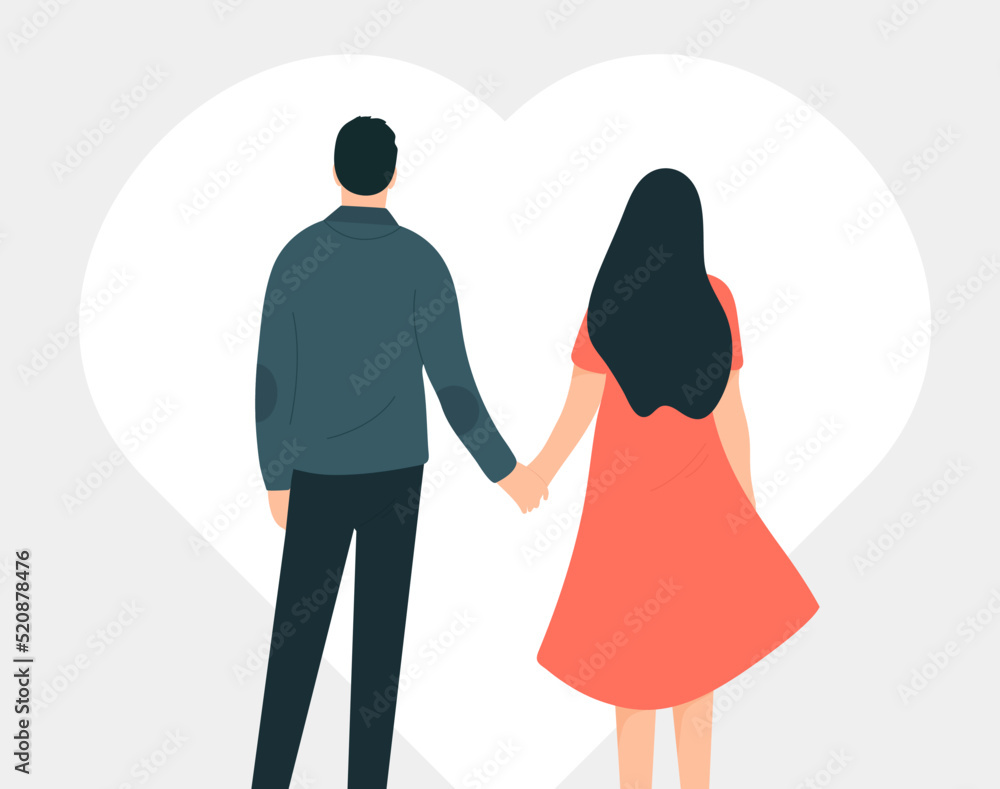 Young man and woman characters standing back view, happy romantic ...