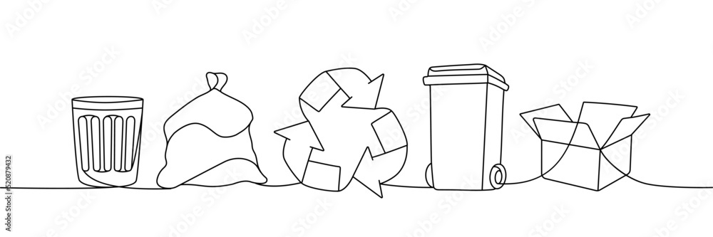Set of trash one line continuous drawing. Garbage, trash can, garbage ...