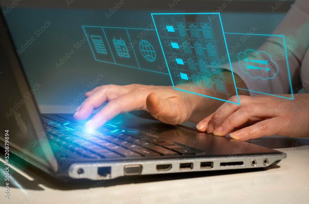 Document management system DMS, Digital Media Server, man working on ...