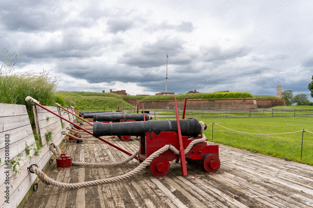 Reconstructed water battery of Fort McHenry in Baltimore, Maryland. Red ...